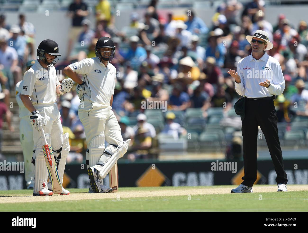 Umpire Nigel Llong gestures as play is stopped due to a sight screen ...