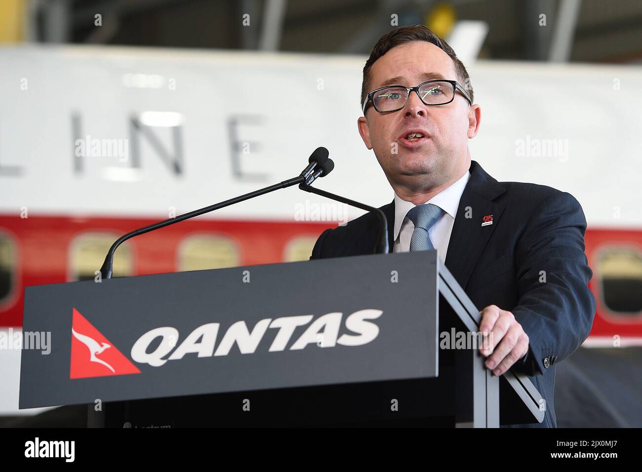 Qantas CEO Alan Joyce speaks at the unveiling of the Qantas Retro Roo ...