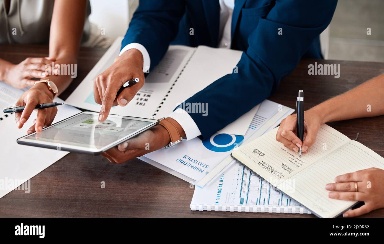 Teamwork, finance and collaboration by team hands planning and writing ...