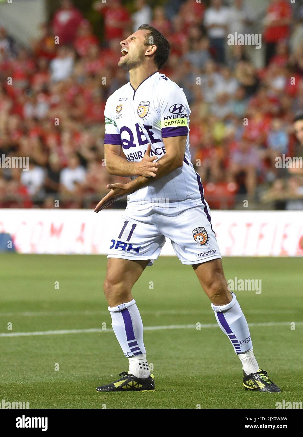 Richard Garcia of Perth Glory reacts after missing a shot on goal ...