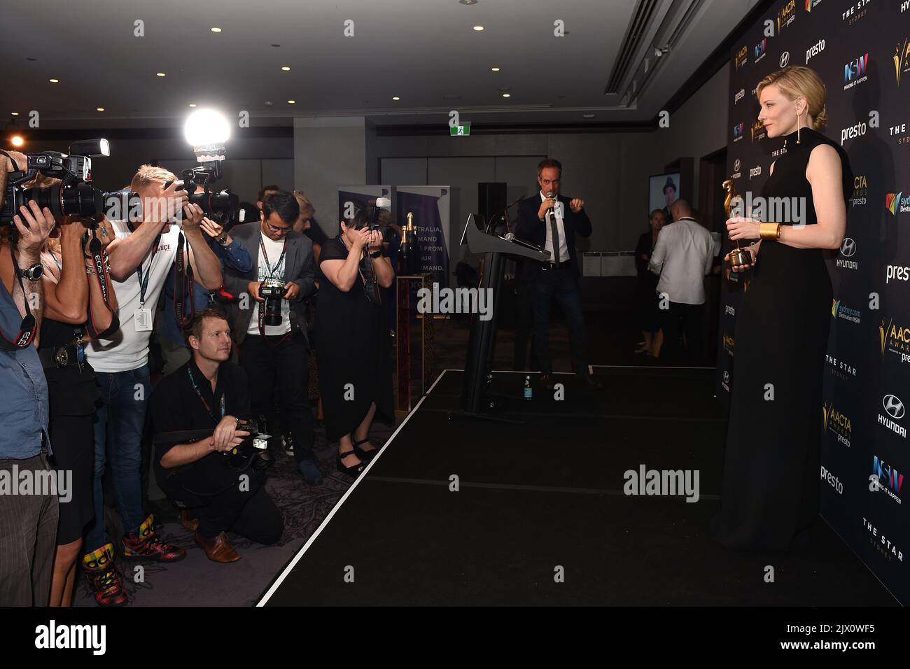 Australian actor Cate Blanchett poses for a photograph after winning ...