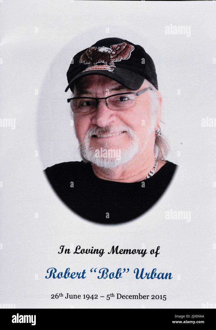 The front page of the program for the funeral service for Robert "Bob" Urban in Caloundra on the ...