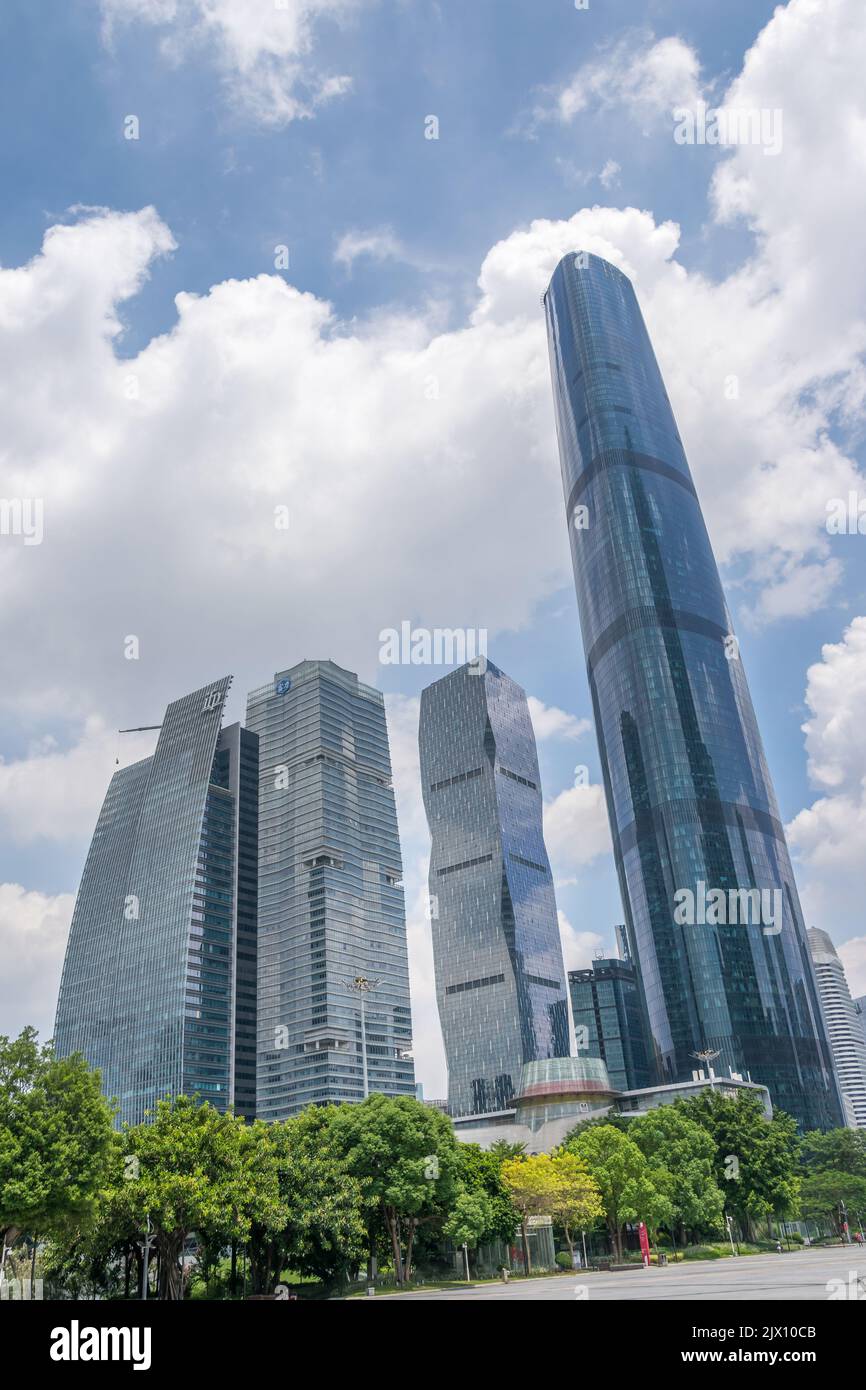 Guangzhou , China - July 30, 2018: Portrait of Guangzhou Towers stand ...