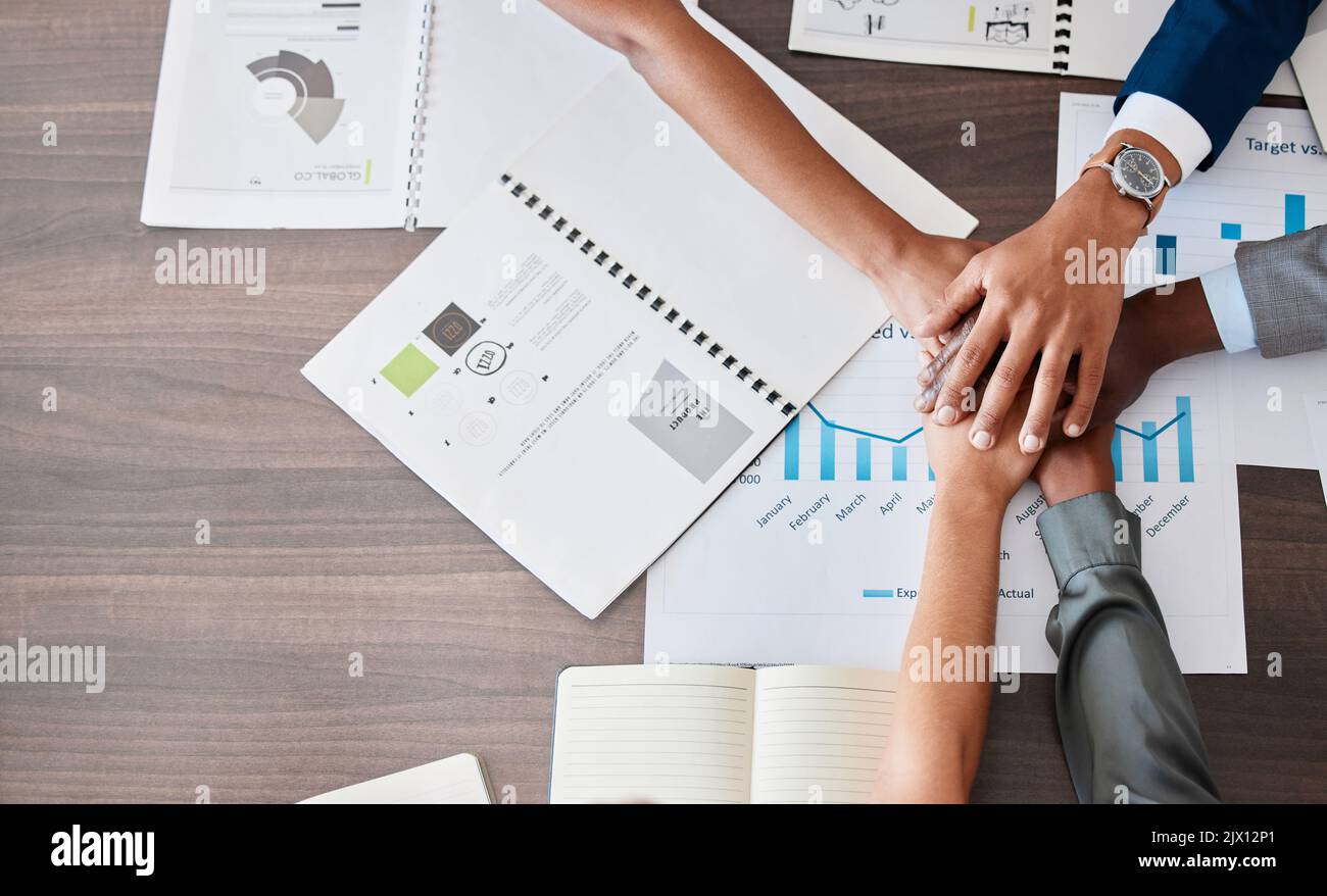 Teamwork, planning and support hands stacked of business people in ...