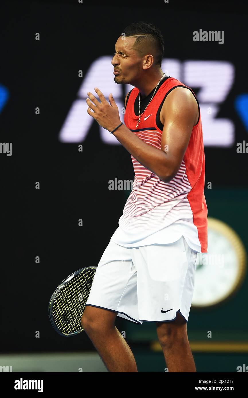 Nick Kyrgios of Australia reacts during his match against Pablo Carreno ...