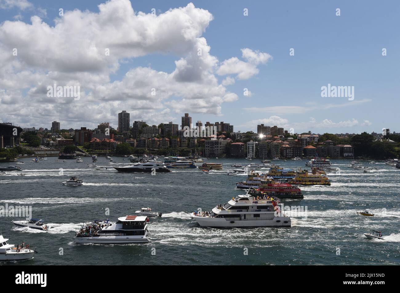The finish of the Sydney Ferries race as seen from the deck of HMAS ...
