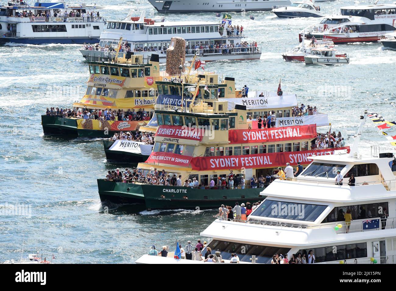 The finish of the Sydney Ferries race as seen from the deck of HMAS ...