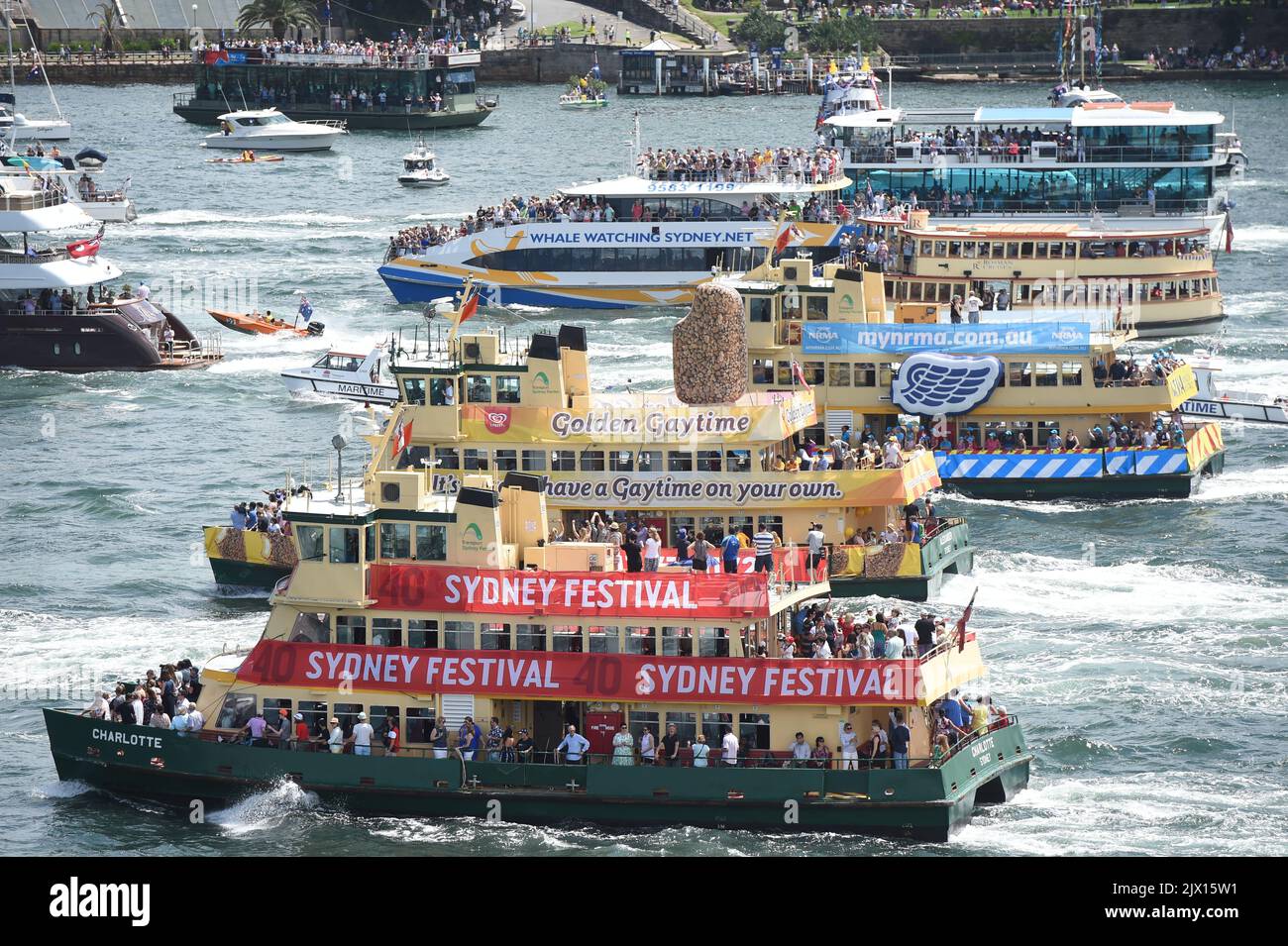 The finish of the Sydney Ferries race as seen from the deck of HMAS ...