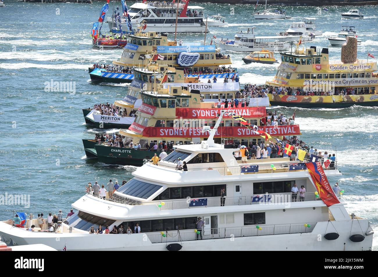 The finish of the Sydney Ferries race as seen from the deck of HMAS ...