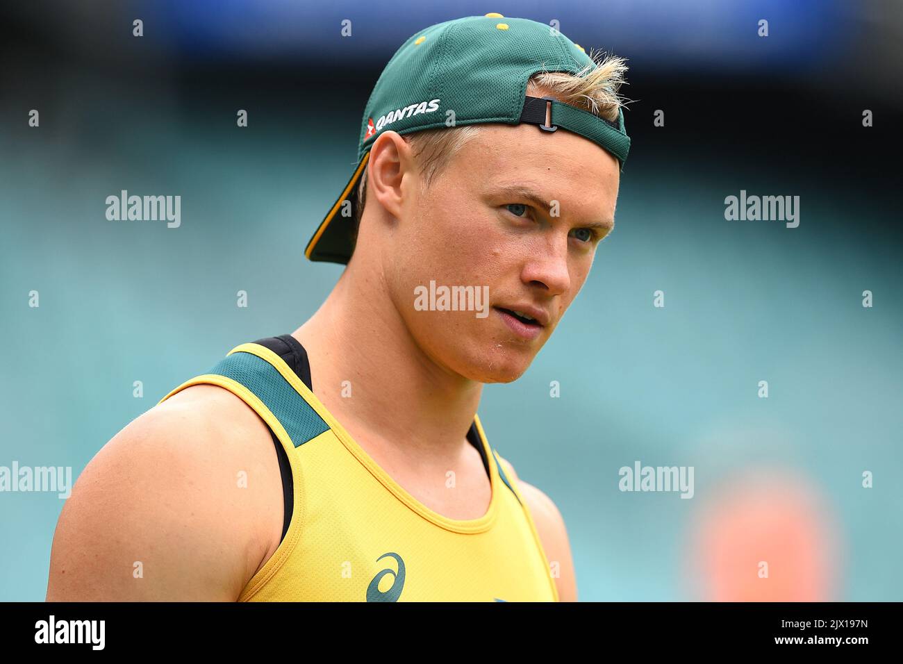 Australian rugby sevens player Henry Hutchison looks on duringa Captain ...
