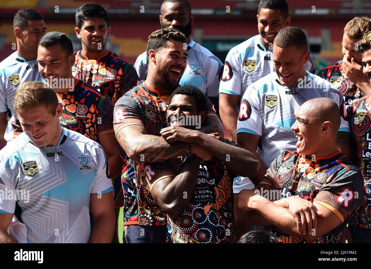Indigenous All Stars players Andrew Fifita (centre) jokes with Edrick ...