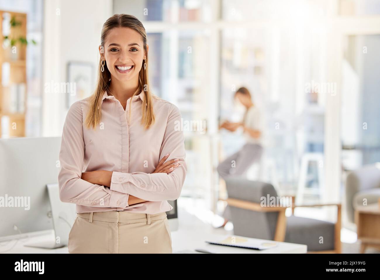 Happy, business leader and woman with a smile in success with crossed ...