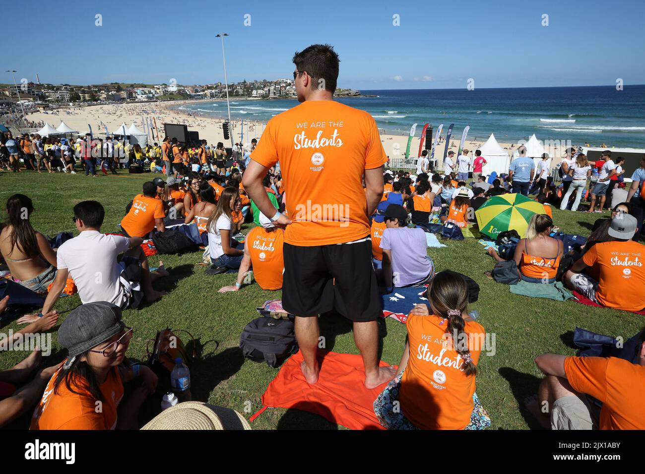 International students wait for the world record attempt for an English ...
