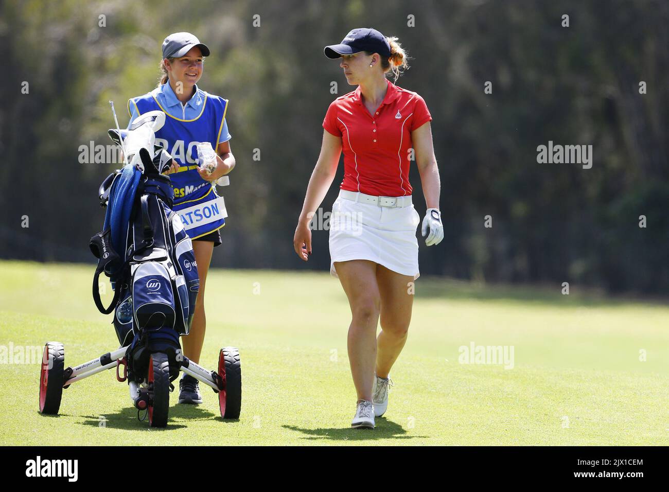 Scotland's Sally Watson walks with her caddy Kamryn Dunemann during the ...
