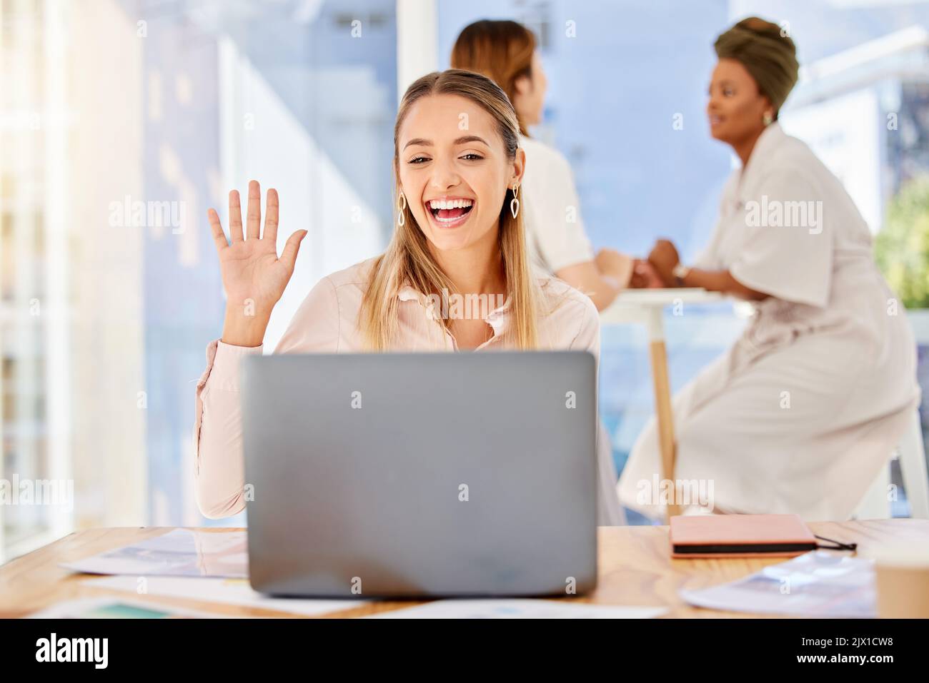 Business woman, video call and communication with 5g network, laptop ...