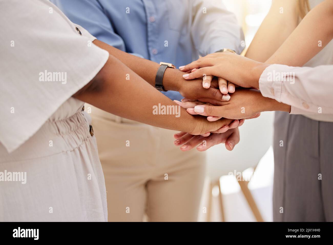 Teamwork, collaboration and motivation business people hands in office ...