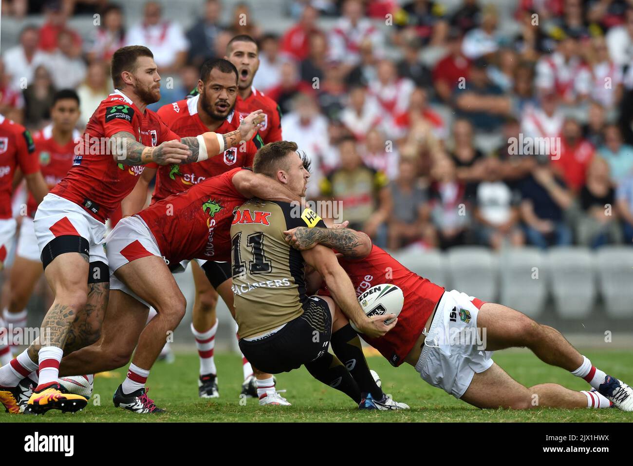 Bryce Cartwright (centre) of the Panthers is tackled by Russell Packer ...