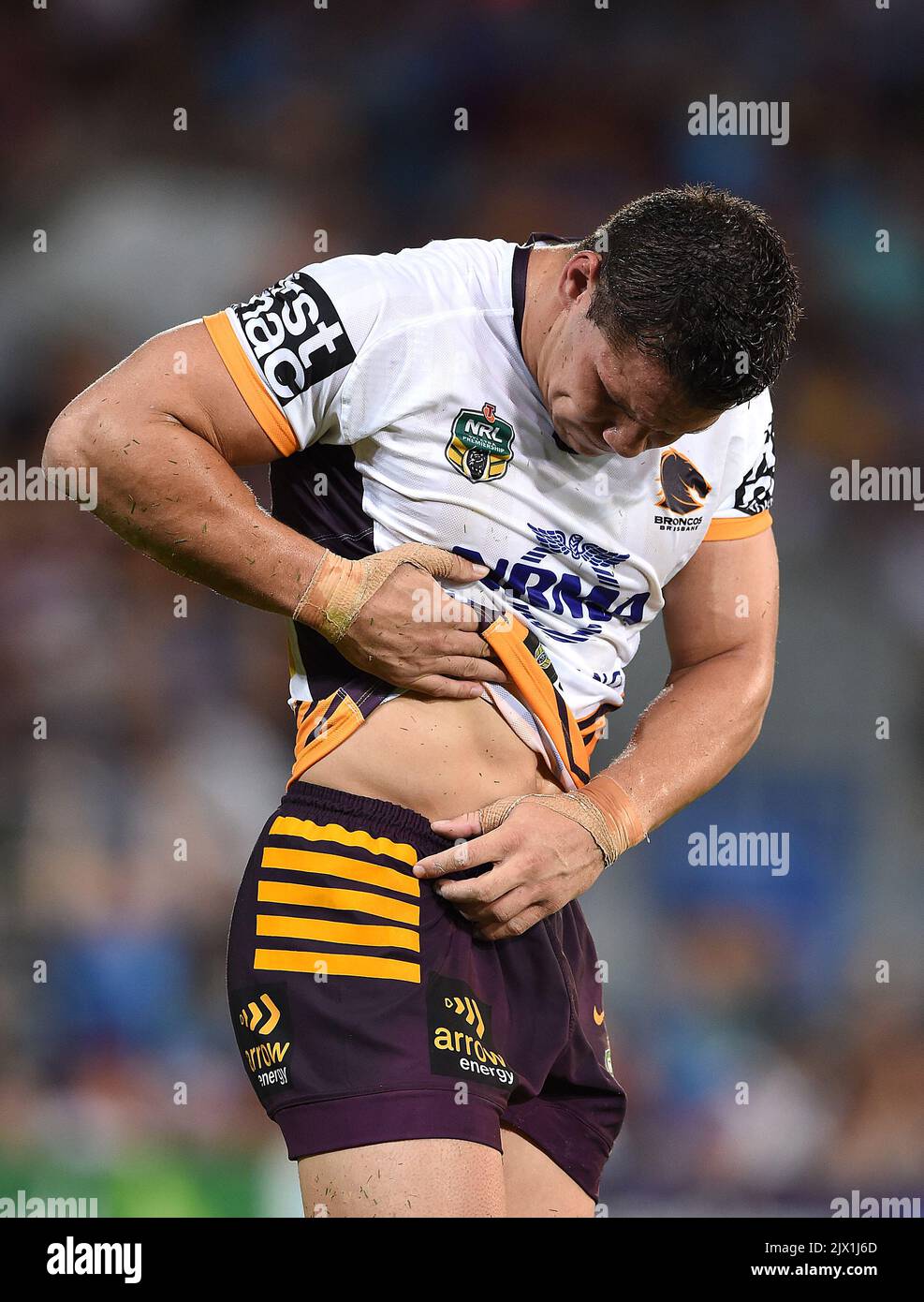 Broncos player James Roberts inspects an injury during the Round 5 NRL ...