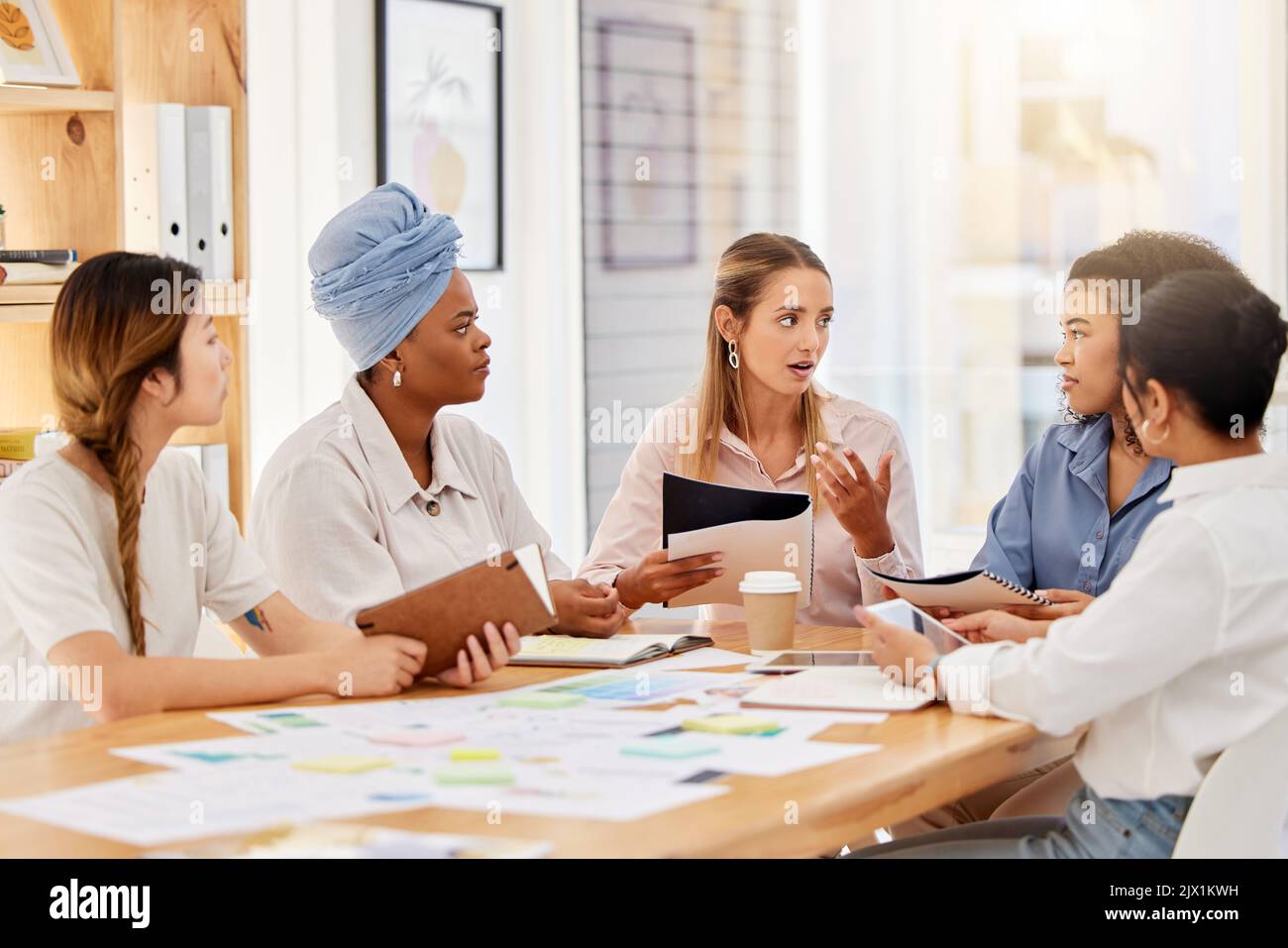 Female business, diversity or business meeting for teamwork ...