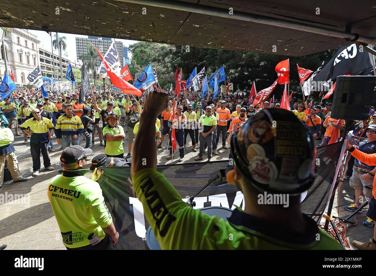 Construction workers are seen during a CFMEU Rally outside Parliament ...