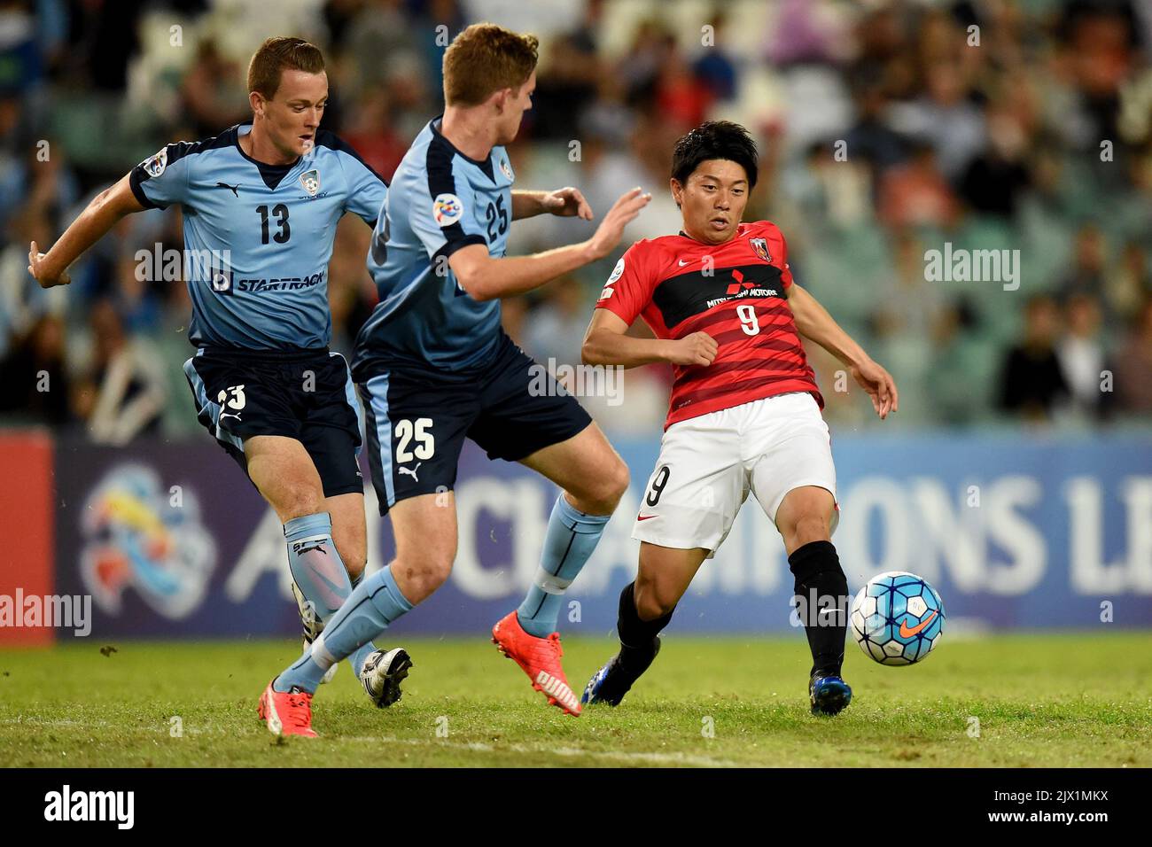 Brandon OÕNeill and Aaron Calver of Sydney FC iapply pressure to Muto ...