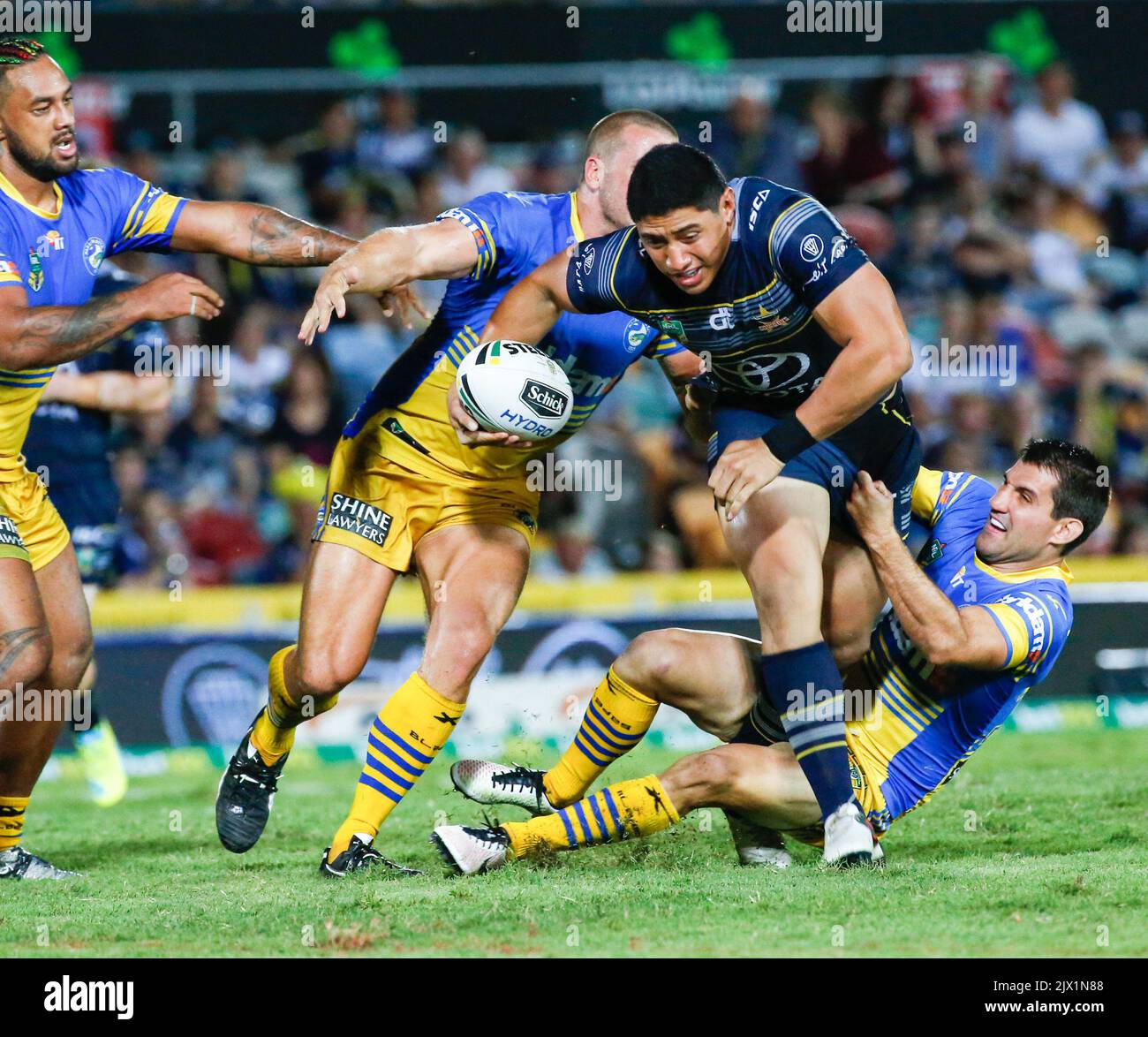 Cowboys Jason Taumalolo tackled by Eels Danny Wicks and Isaac De Gois ...