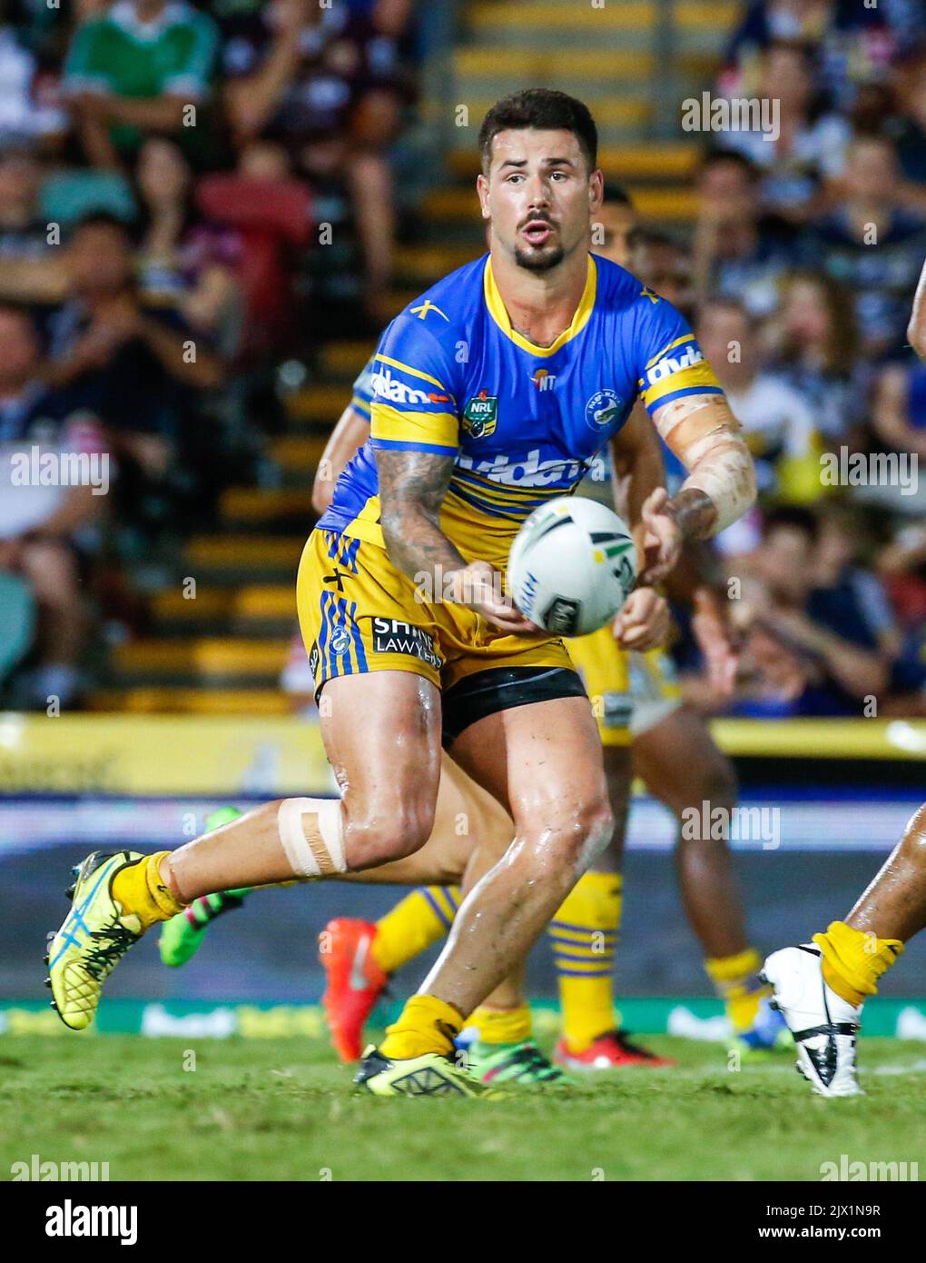 Eels Nathan Peats gets a pass away during the round 8 NRL match between ...