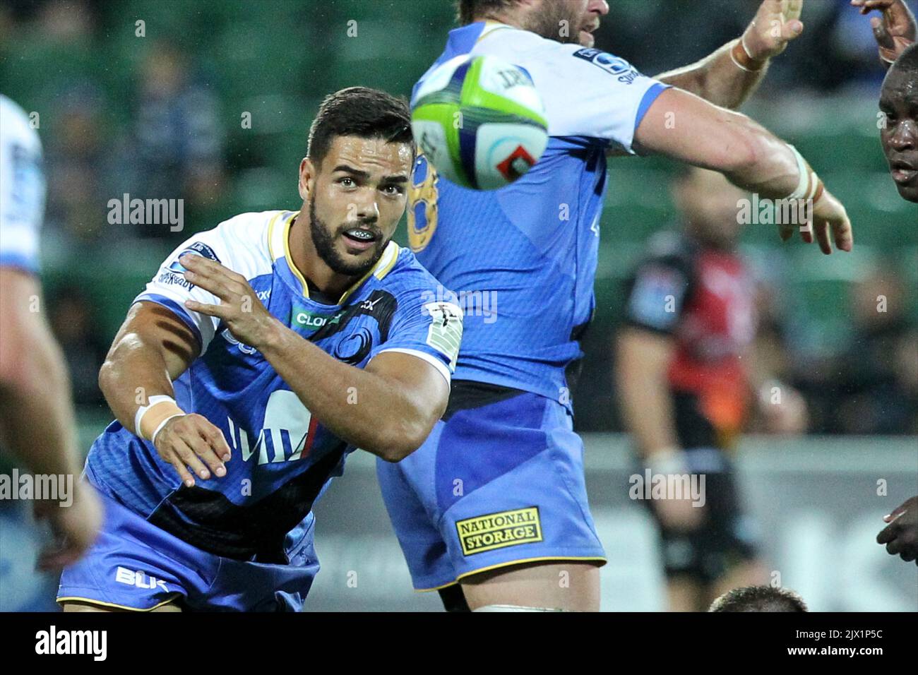 Ryan Louwrens of the Force makes a pass during the Round 10 Super Rugby ...