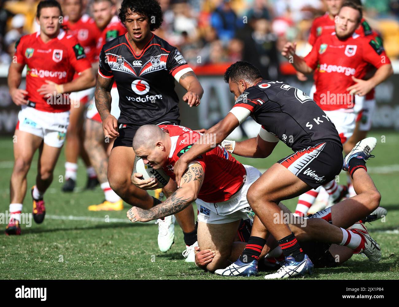 Russell Packer of the Dragons faces a challenge from James Gavet, left ...
