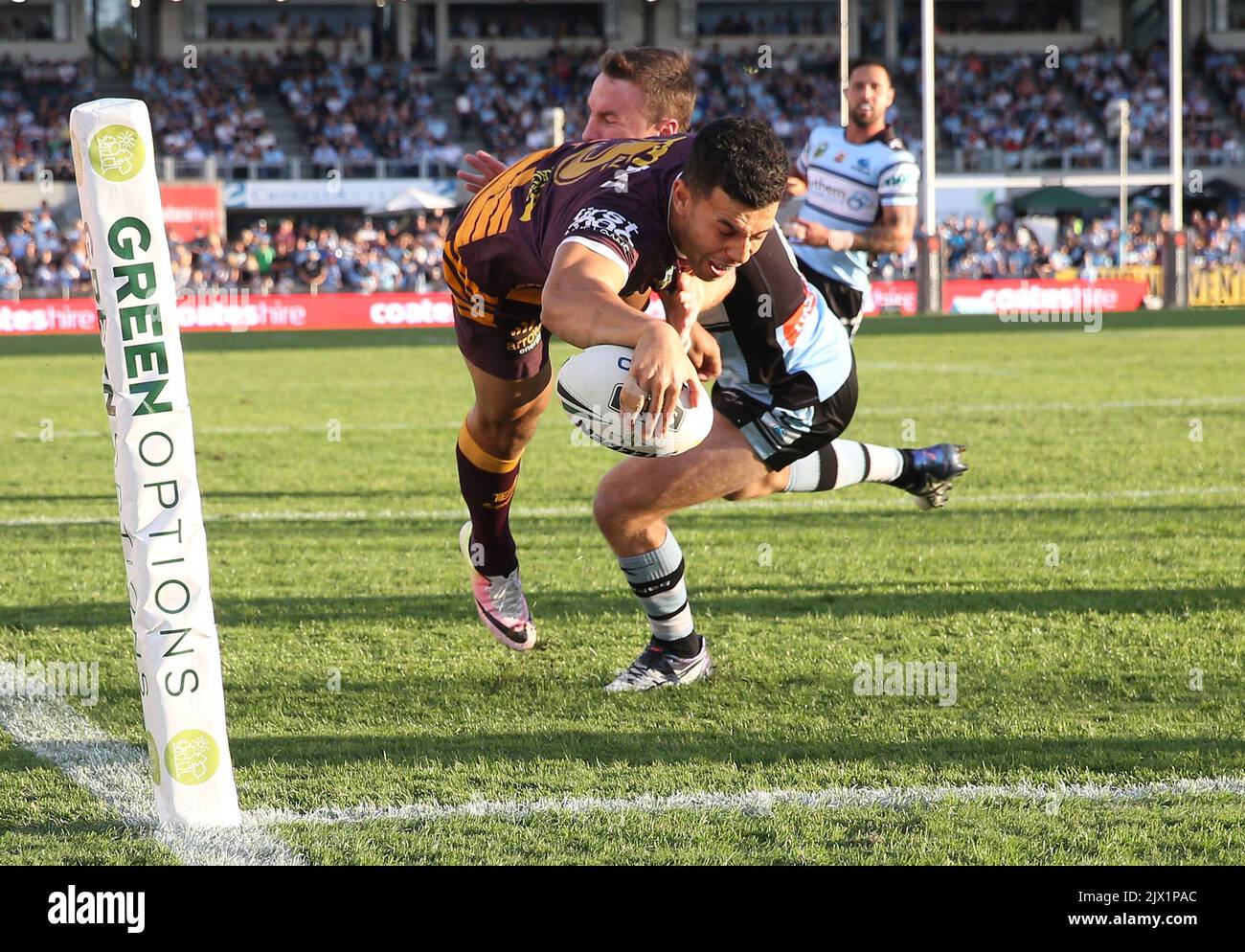 Jordan Kahu of the Broncos scores during the round 9 NRL match between ...