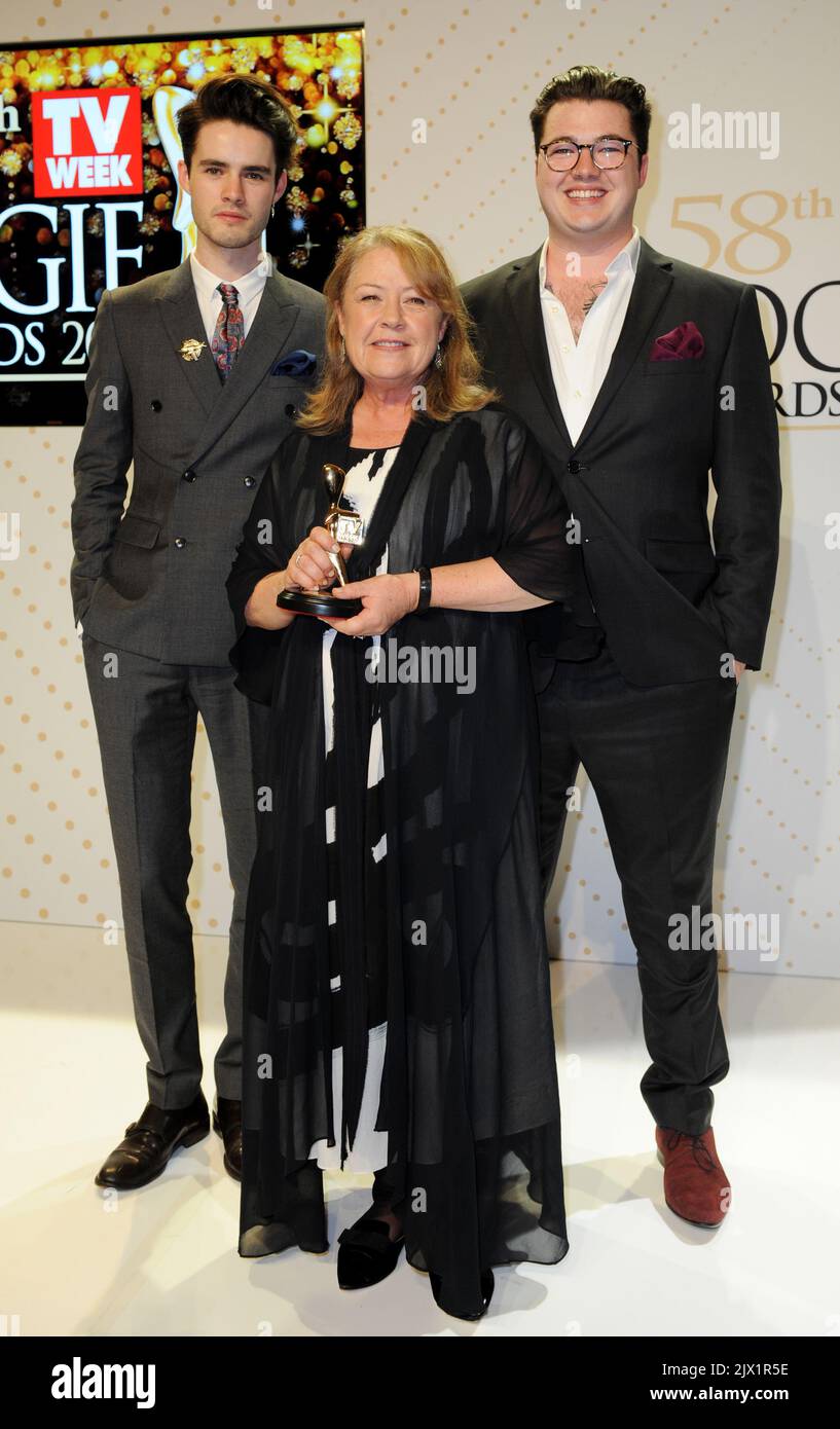 Noni Hazlehurst with her sons William and Charlie, is inducted into the 2016 Logies Hall of Fame ...