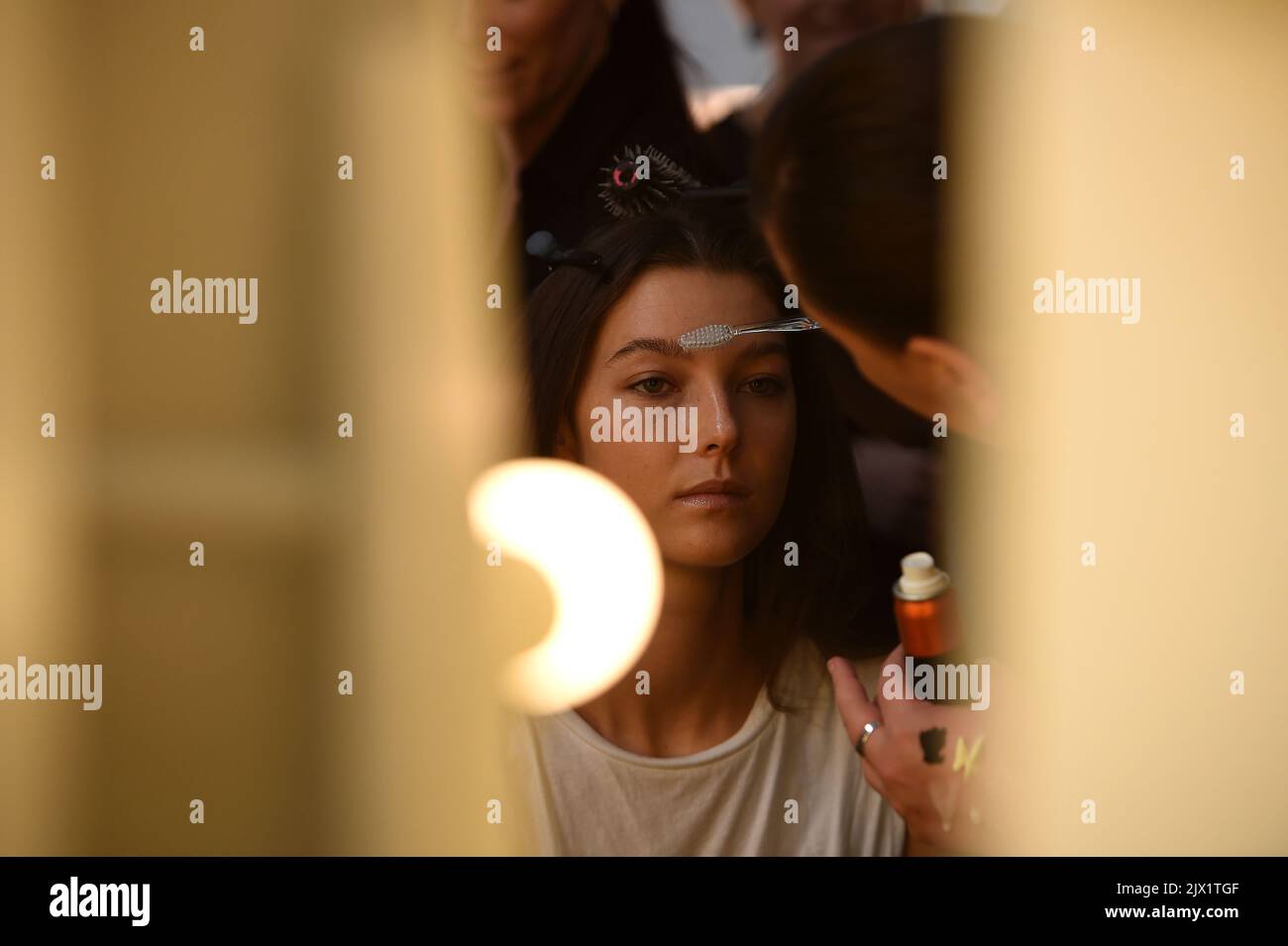 A is seen backstage prior to the Yeojin Bae show, during Mercedes-Benz ...