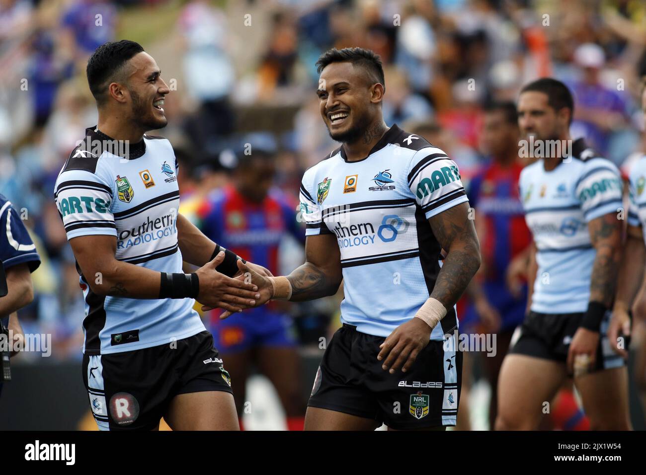 Ben Barba of the Sharks celebrates scoring a first half try during the ...