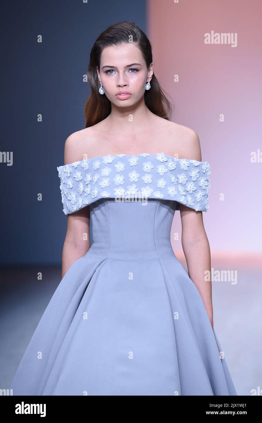 A model walks the runway during the Steven Khalil show, during Mercedes ...