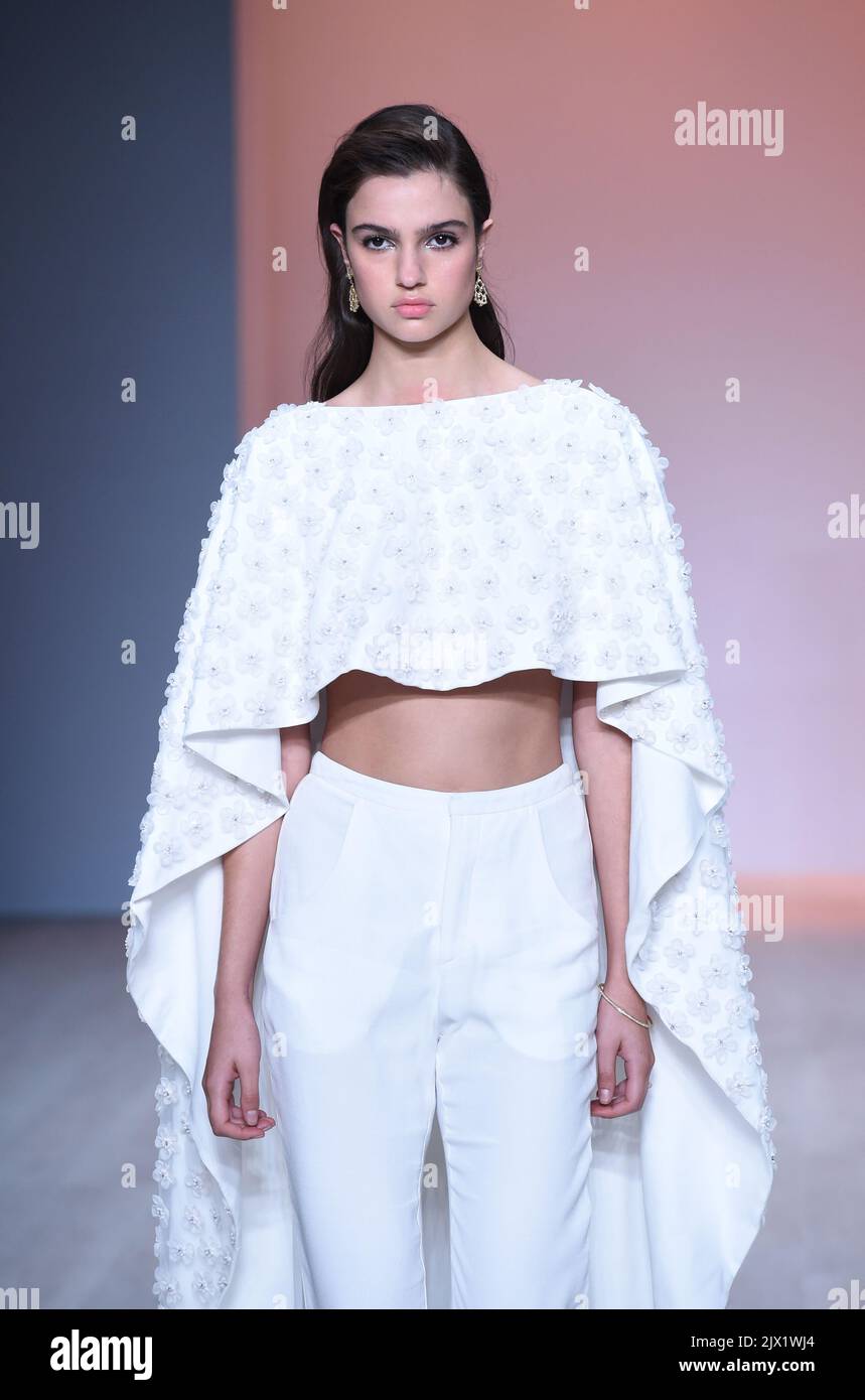 A model walks the runway during the Steven Khalil show, during Mercedes ...