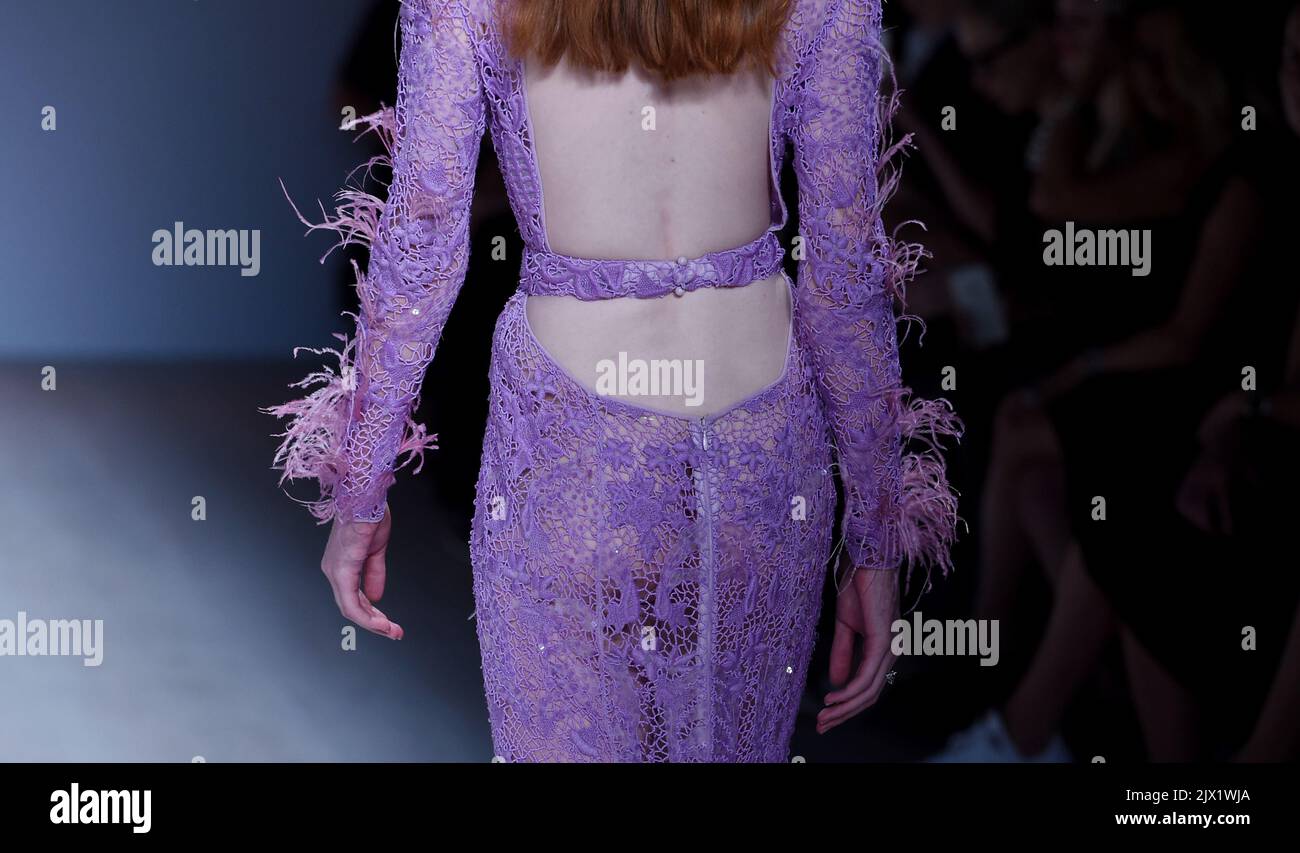 A model walks the runway during the Steven Khalil show, during Mercedes ...