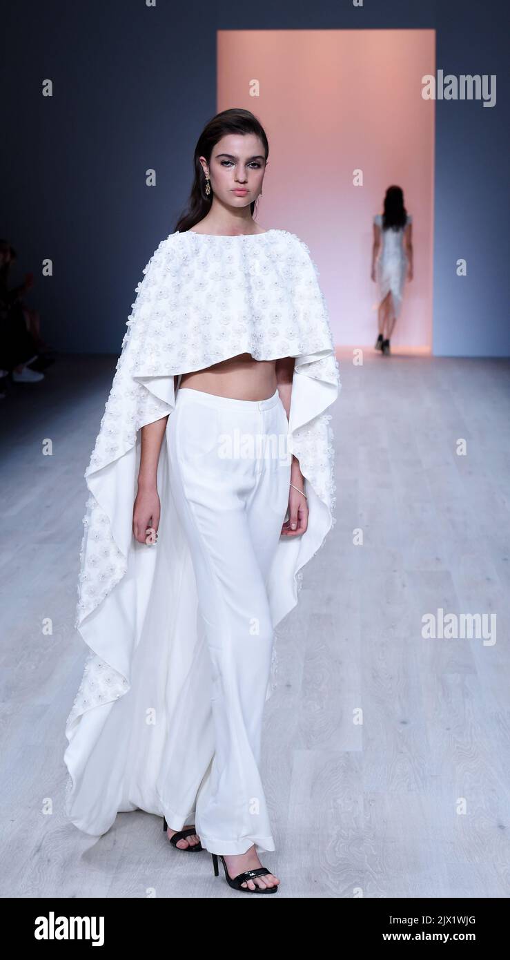 A model walks the runway during the Steven Khalil show, during Mercedes ...