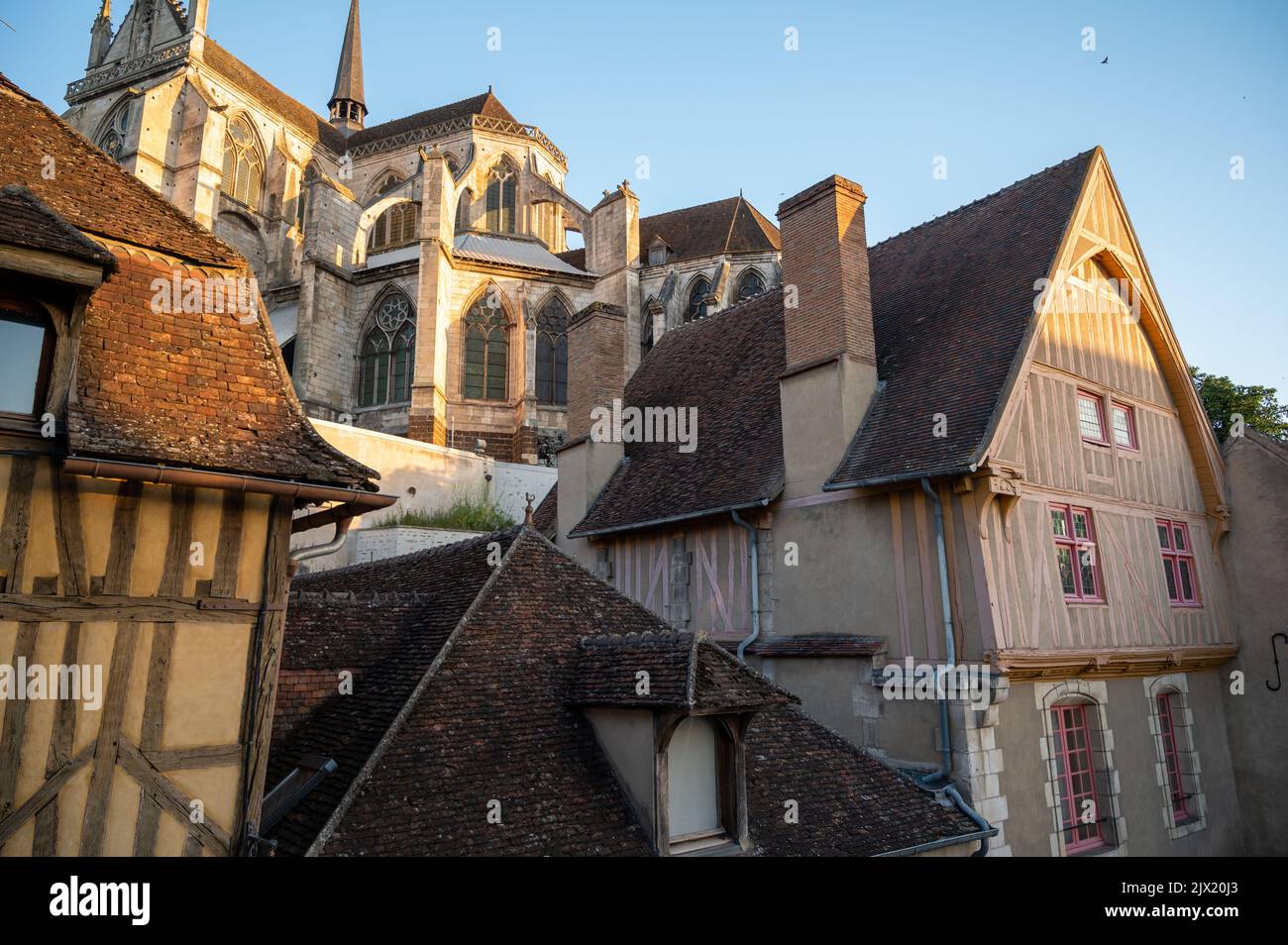 View on old streets and houses of Auxerre, medieval city on river Yonne ...