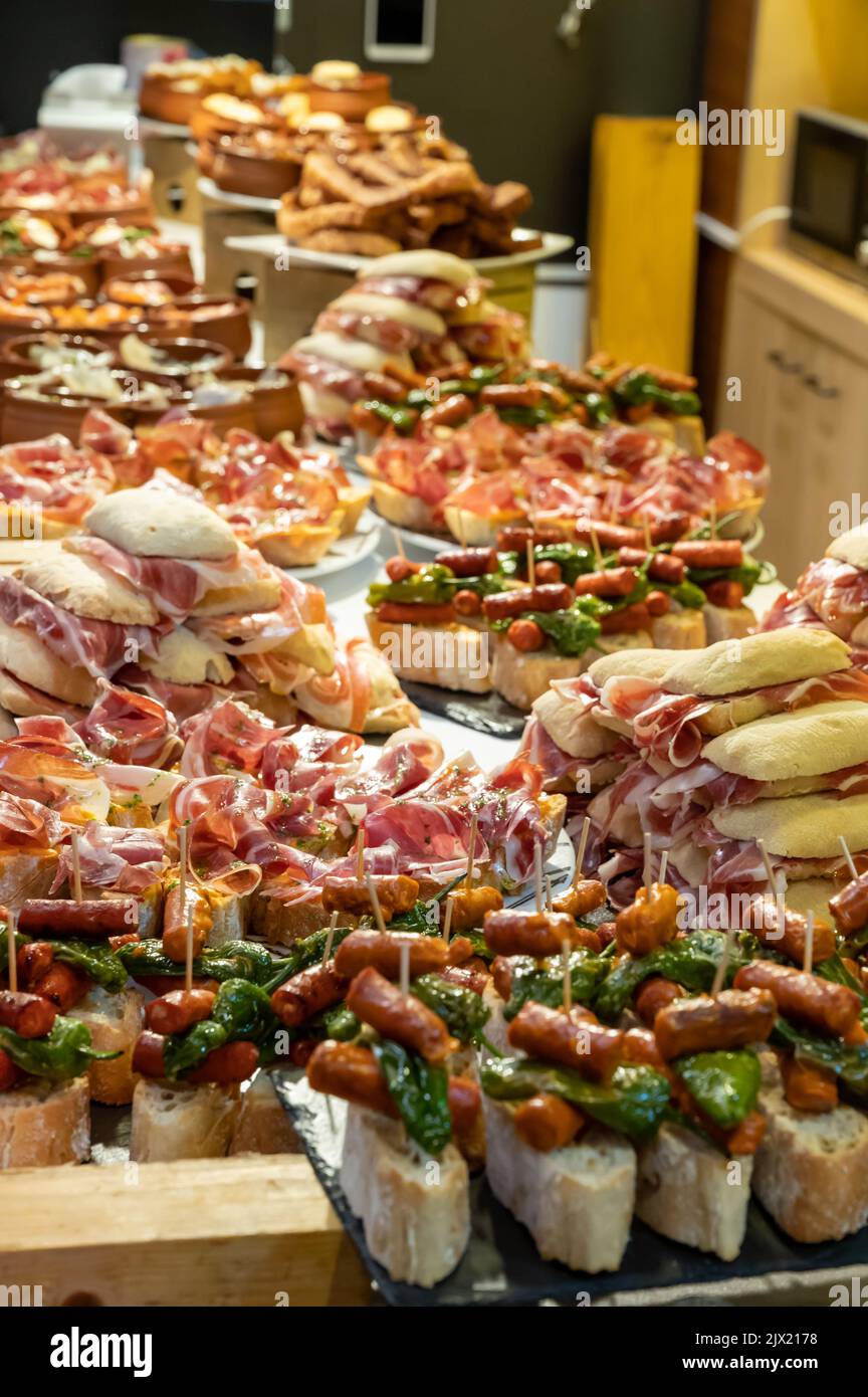 Assortment of typical snacks of Basque Country and Navarre, pinchos or ...