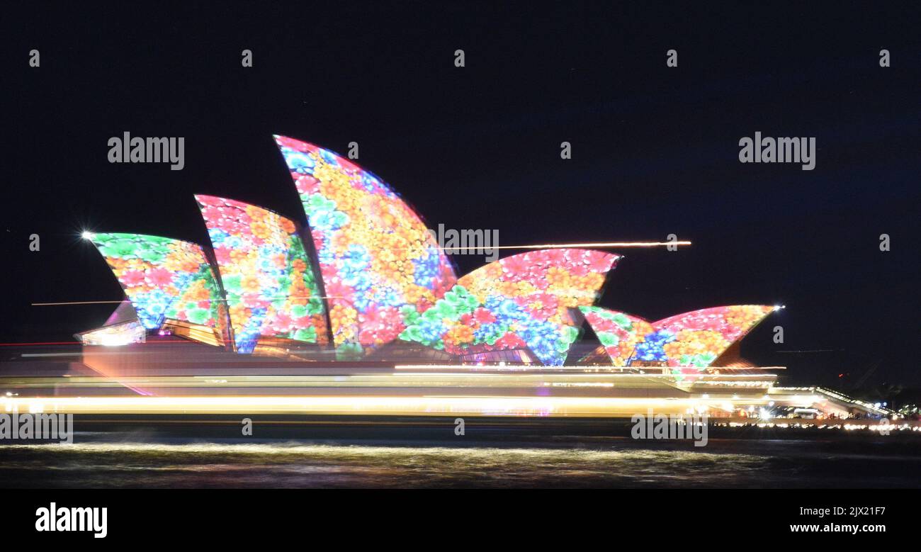The sails on the Sydney Opera House are seen lit with an art ...