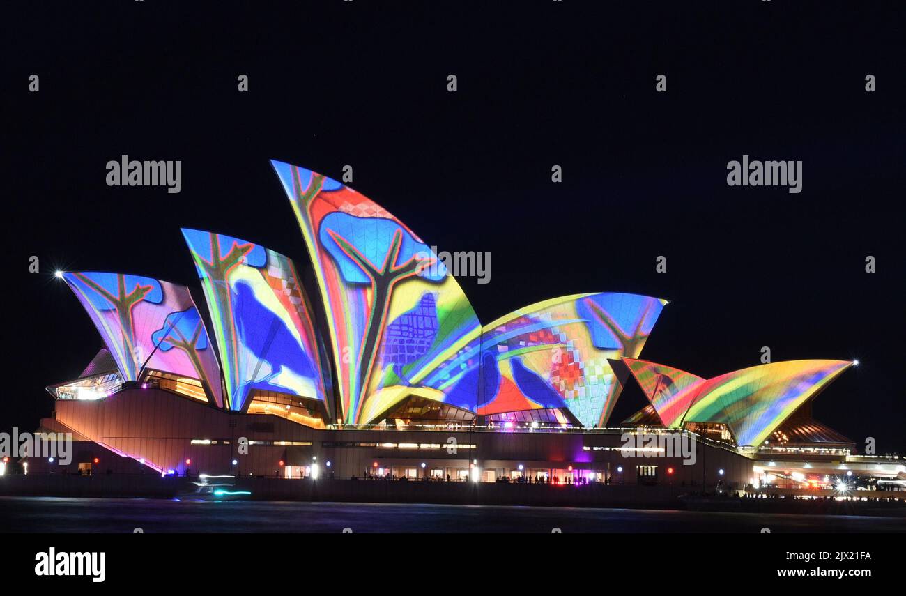 The sails on the Sydney Opera House are seen lit with an art ...