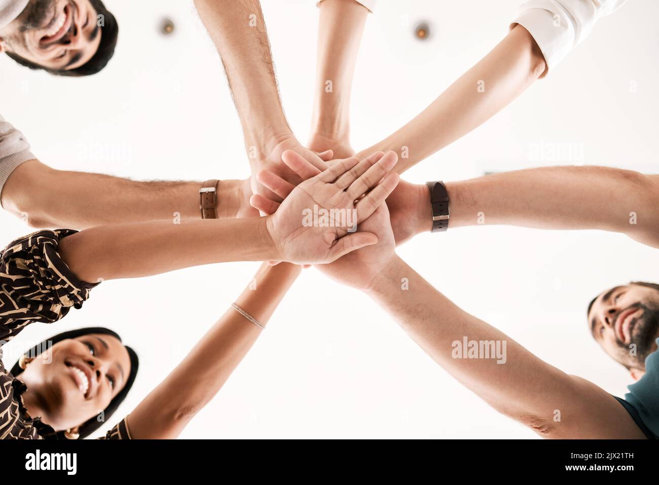 Teamwork, support and hands of business people in motivation, vision ...