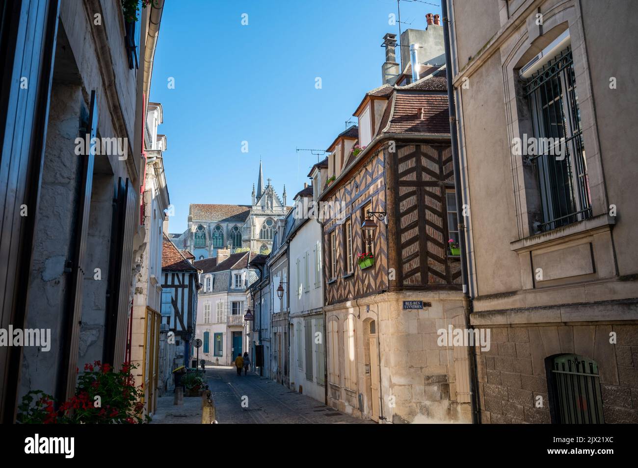 View on old streets and houses of Auxerre, medieval city on river Yonne ...
