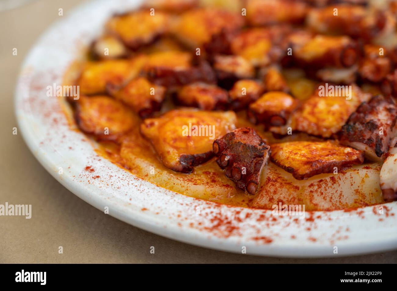 Tasty seafood, grilled octopus galician style with red pimento paprika ...