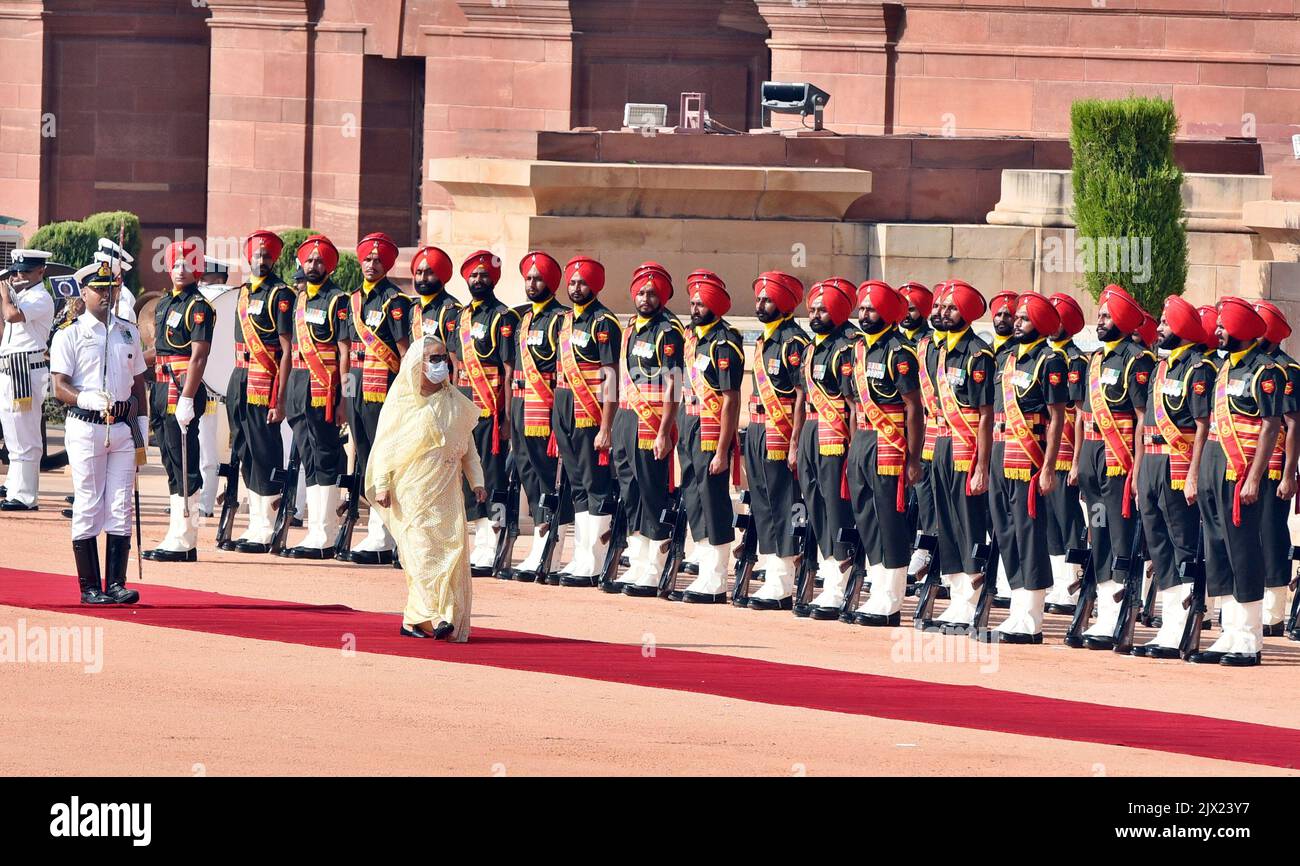 NEW DELHI, INDIA - SEPTEMBER 6: Bangladesh Prime Minister Sheikh Hasina inspects the Guard of ...