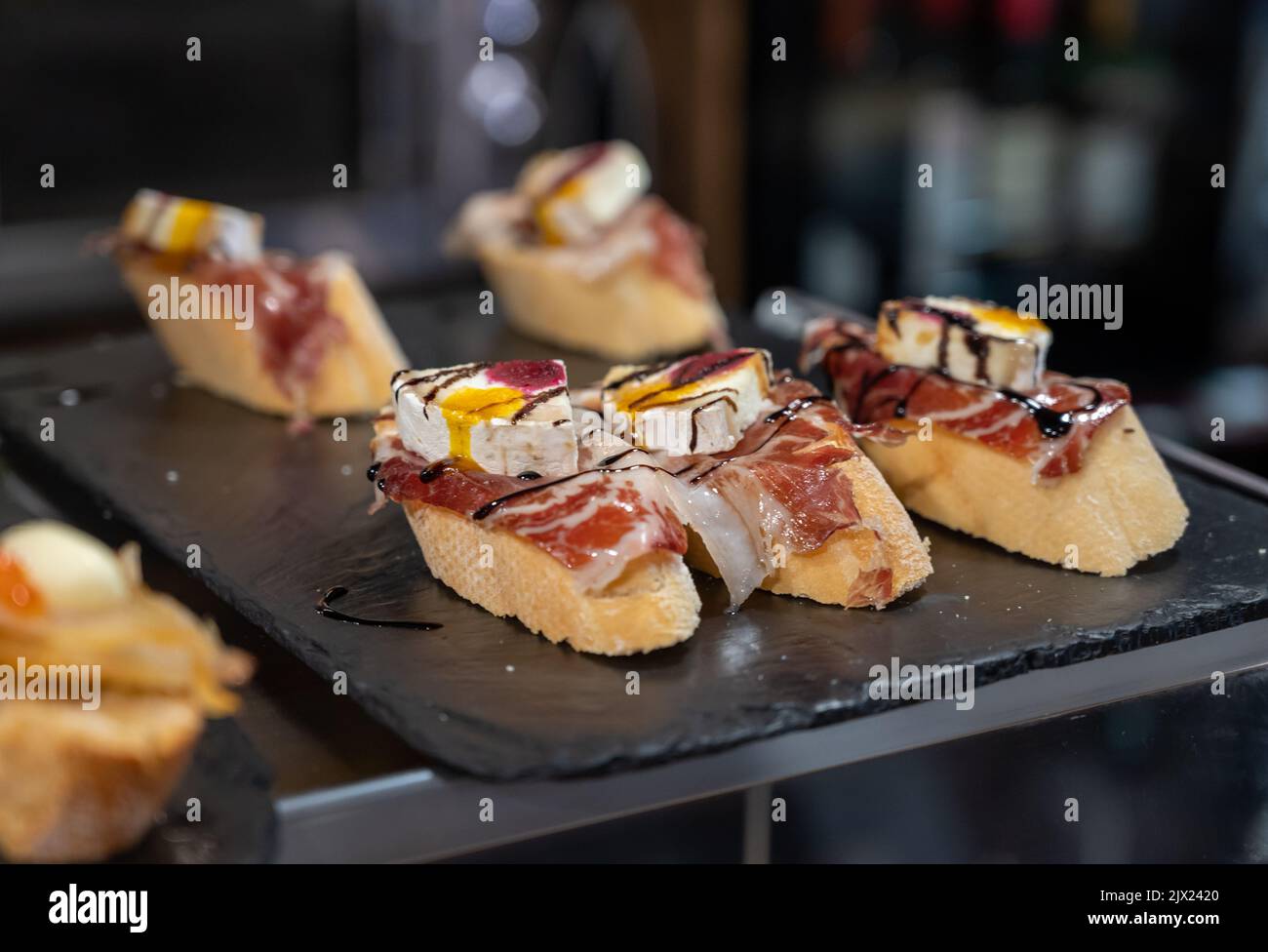 Typical snack of Basque Country and Navarre, pinchos or pinxtos, ready ...