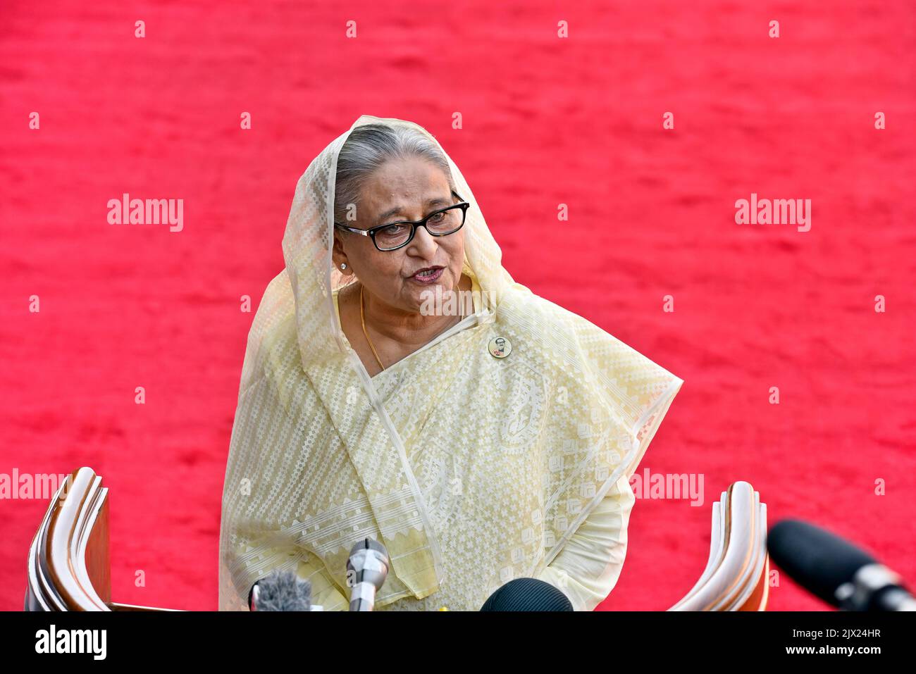 NEW DELHI, INDIA - SEPTEMBER 6: Bangladeshi Prime Minister Sheikh Hasina interacts with the ...
