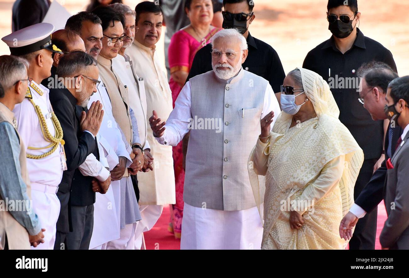 NEW DELHI, INDIA - SEPTEMBER 6: Prime Minister Narendra Modi with his Bangladeshi counterpart ...
