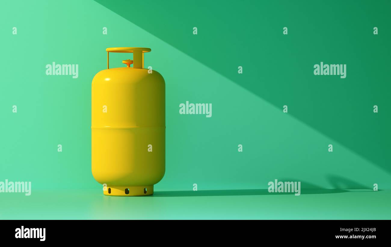 yellow gas cylinder on green background in a beam of light. 3d ...