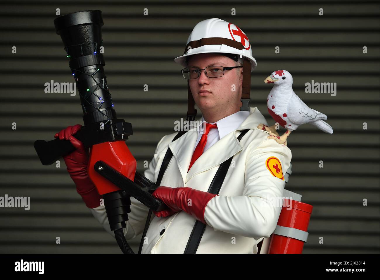 Matt Penfold dressed in cosplay as a Team Fortress II medic poses for a ...